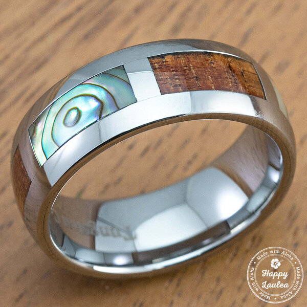 HappyLaulea - Tungsten Carbide Ring with Abalone Pau'a Shell & Koa Wood ...